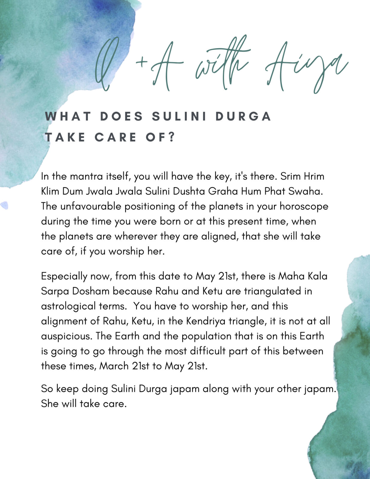 What Does Sulini Durga Take Care Of?